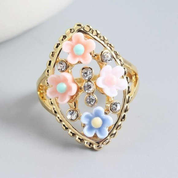 Jewelry | Handmade Colorful Floral Flowers Gold Tone Ring | Poshmark
